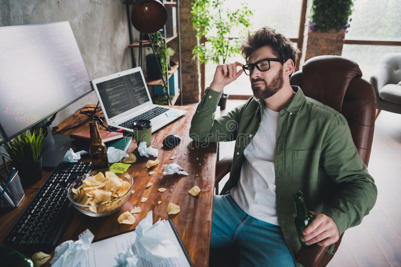 Portrait of Professional Hacker Young Man Drink Mess Computer Desk Loft ...