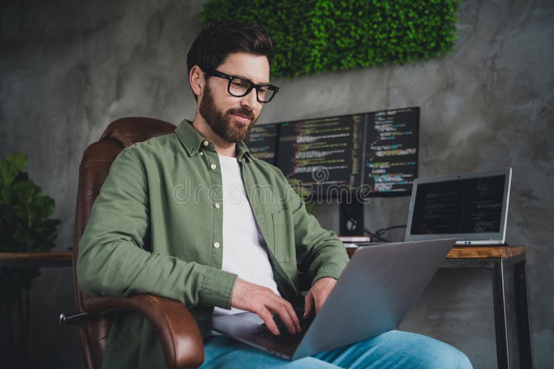 Portrait of Professional Hacker Young Man Use Laptop Computer Desk Loft ...