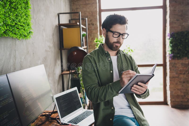 Portrait of Professional Hacker Young Man Write Notebook Computer Desk ...