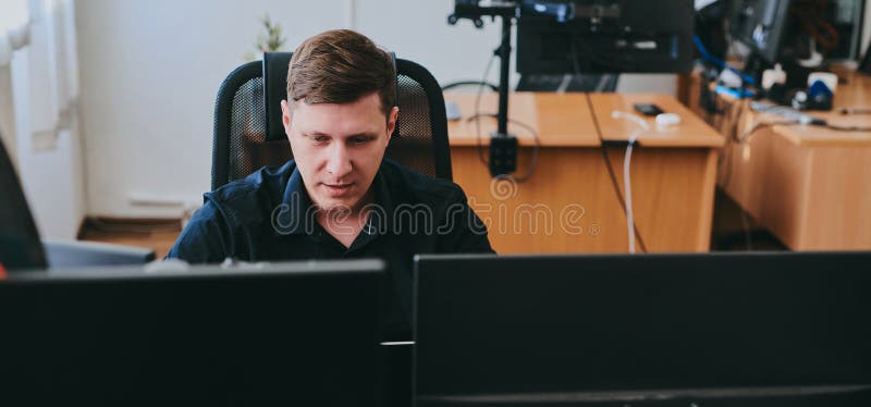 Portrait Professional Man Programmer Working Concentrated on Computer ...