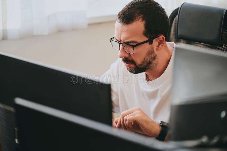 Portrait Professional Man Programmer Working Concentrated on Computer ...