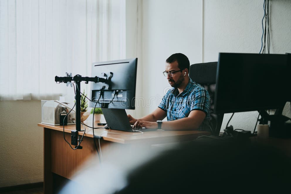 Portrait Professional Man Programmer Working Concentrated on Computer ...