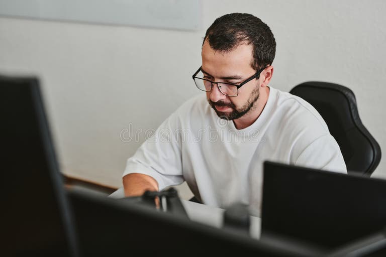 Portrait Professional Man Programmer Working Concentrated on Computer ...