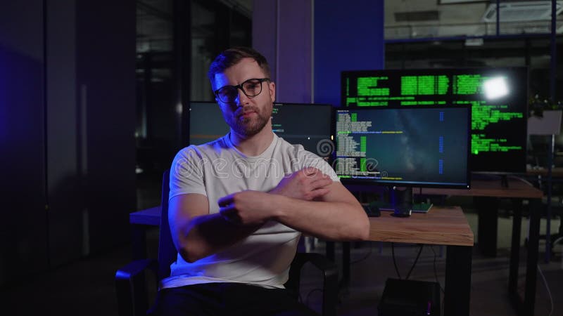 Portrait Of Programmer In Dark It Office Sitting At Desk Stock Video Video Of Programming