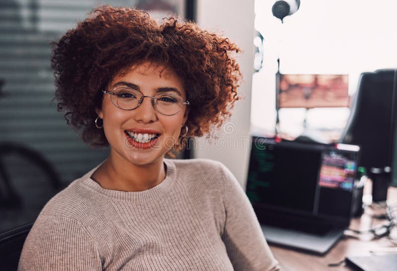 Portrait, Programmer and Smile of Woman in Office Ready for Programming ... Portrait, Programmer and Smile of Woman in Office Ready for Programming ...