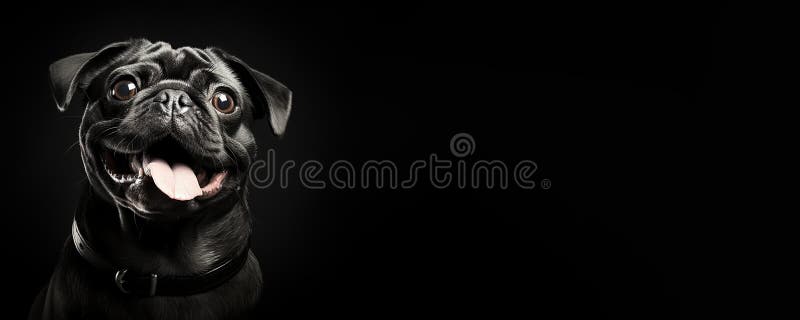 Portrait of a Pug Dog Isolated on Black Background Banner with Copy ...