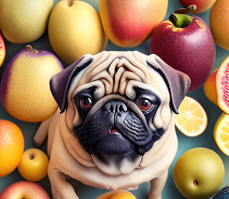 Portrait of a Pug Dog with Various Fruits, Created with Generative AI ...