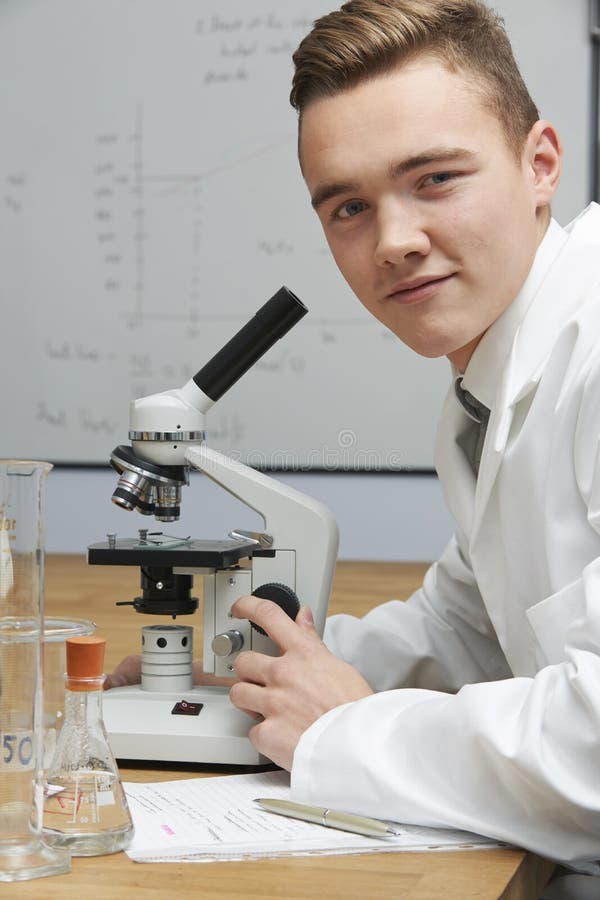 Portrait of Pupil Using Microscope in Science Lesson Stock Photo ...