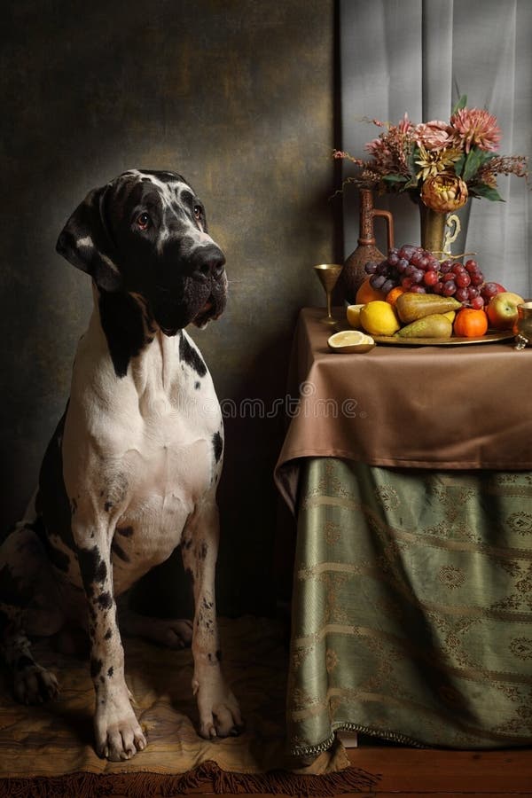 Portrait of a Purebred Great Dane Dog with a Still Life of Fruit Stock ...