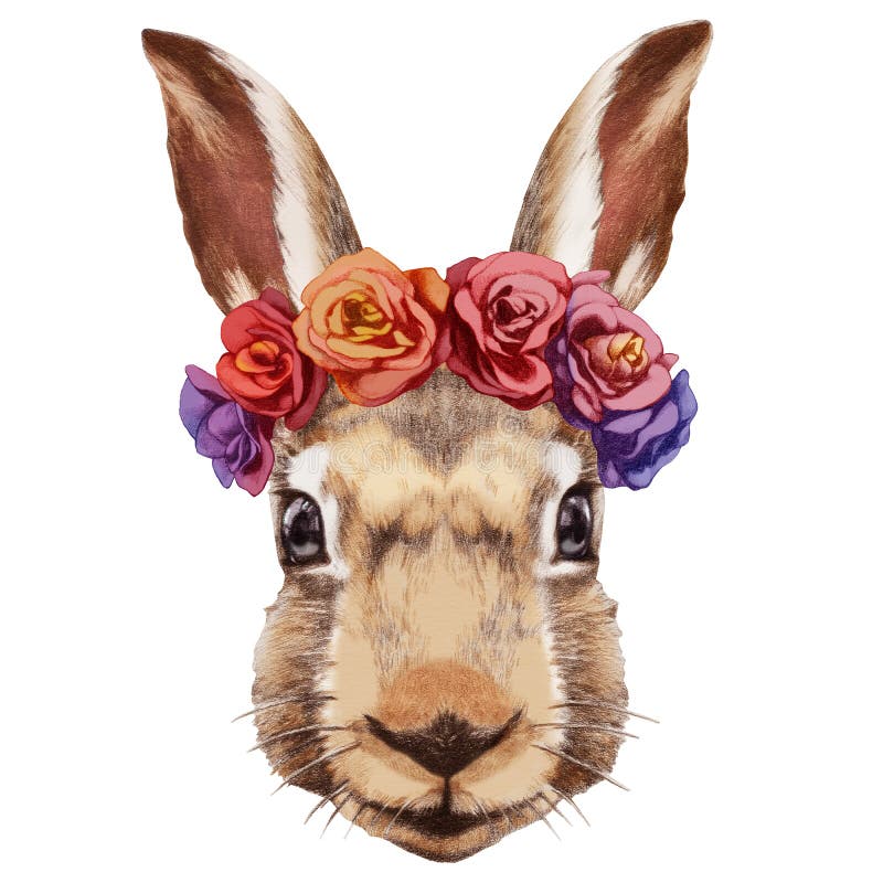 Portrait of Rabbit with Floral Head Wreath. Stock Illustration ...