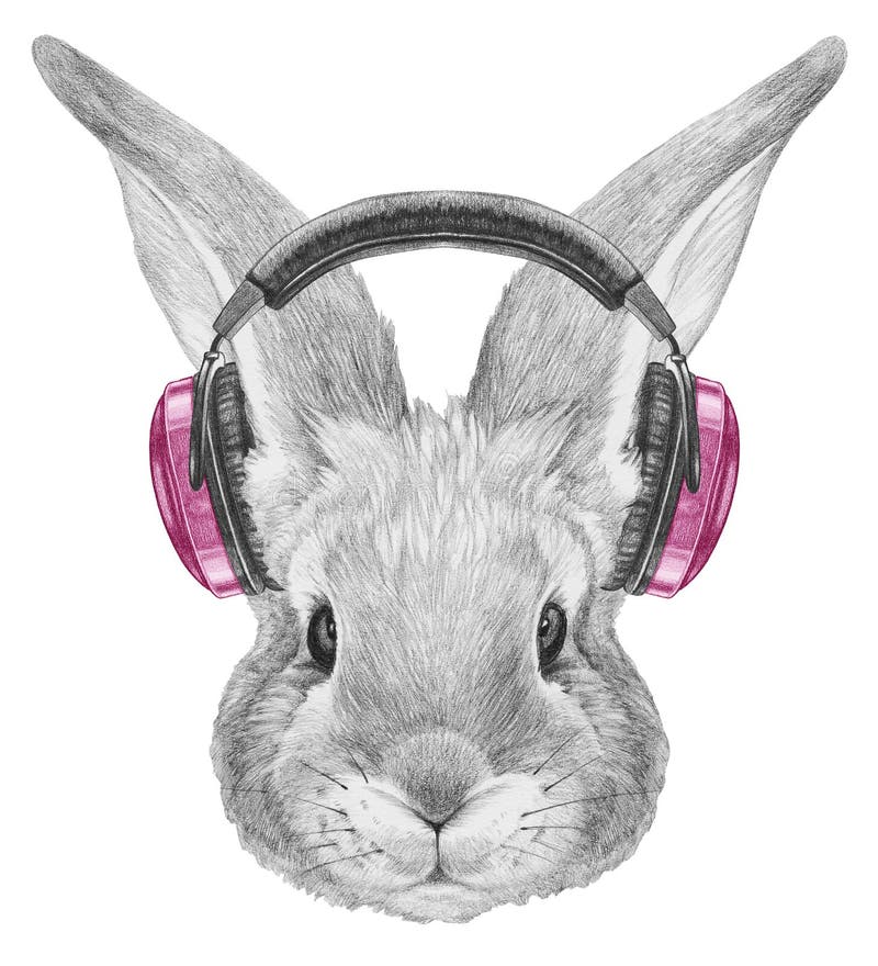 Rabbit in Headphones, Giftbox, Snowflake, Ball. Merry Christmas Card ...