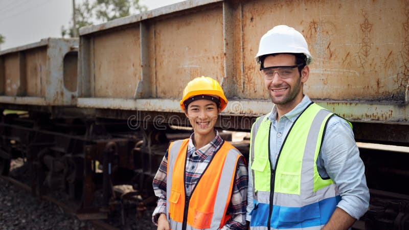 Portrait of Railway Industrial Workers with a Freight Train Stock Photo ...