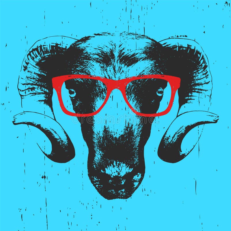 Portrait of Ram with Glasses. Hand Drawn Illustration Stock Vector ...