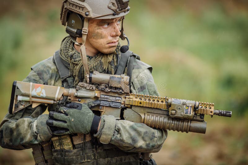 Portrait of a Ranger in the Battlefield with a Gun Stock Photo - Image ...