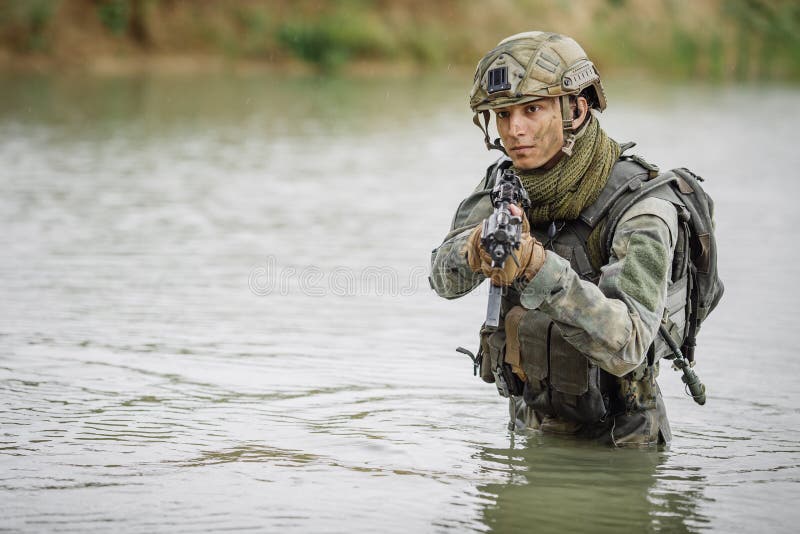 Portrait of a Ranger in the Battlefield with a Gun Stock Photo - Image ...