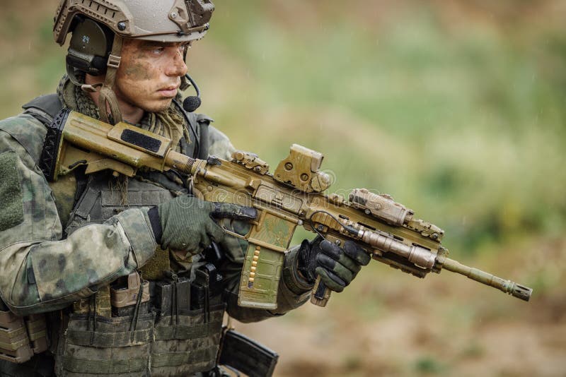 Portrait of a Ranger in the Battlefield with a Gun Stock Photo - Image ...