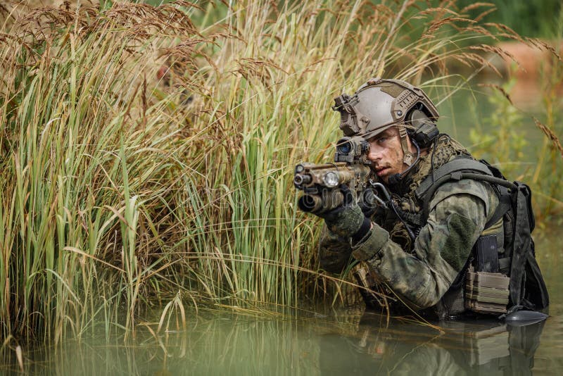 Portrait of a Ranger in the Battlefield with a Gun Stock Photo - Image ...