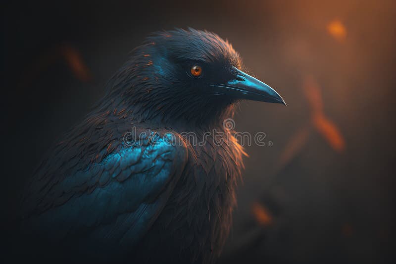 Portrait of a Raven in the Night Forest. Close-up Stock Illustration ...