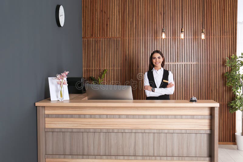 Portrait of Receptionist at Desk Stock Photo - Image of modern ...