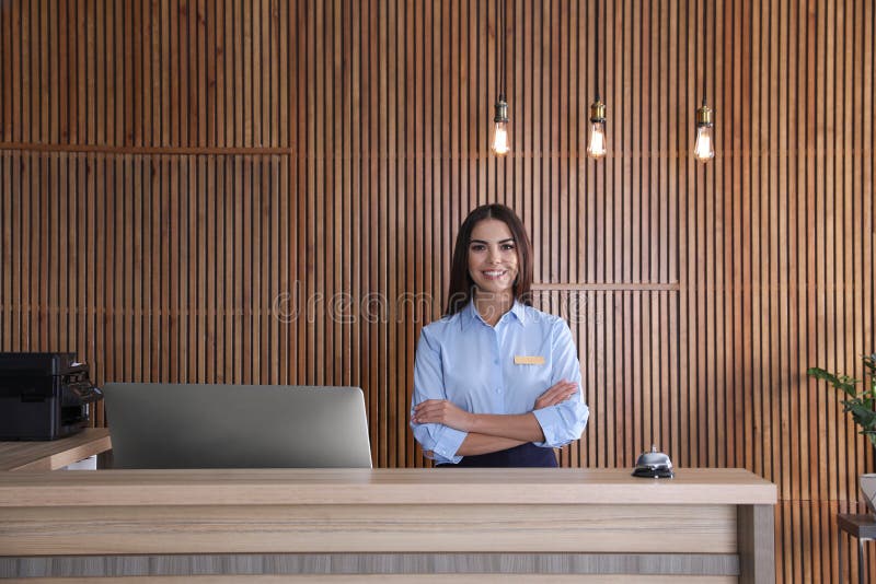 Portrait of Receptionist at Desk Stock Image - Image of modern ...