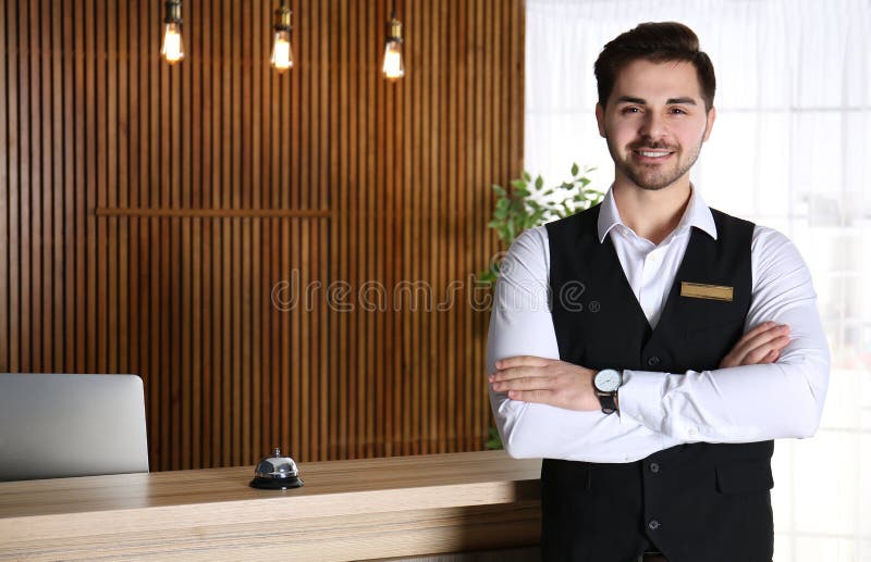 Portrait of Receptionist at Desk Stock Image - Image of room, counter ...