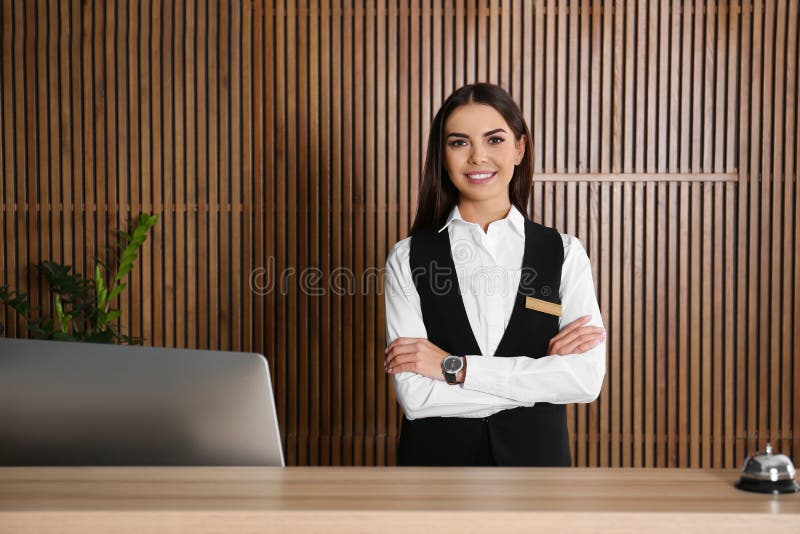 Portrait of Receptionist at Desk Stock Photo - Image of beauty, gesture ...