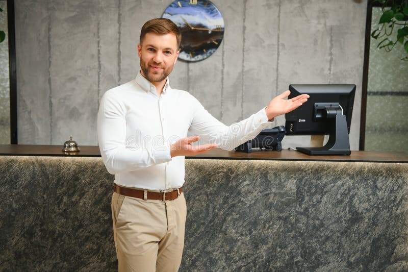 Portrait of Receptionist at Desk in Lobby Stock Photo - Image of hotel ...
