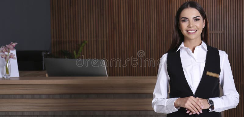 Portrait of Receptionist at Desk. Banner Design Stock Photo - Image of ...