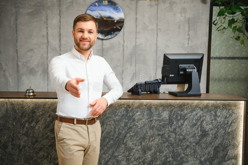 Portrait of Receptionist at Desk in Lobby, Hotel Stock Image - Image of ...