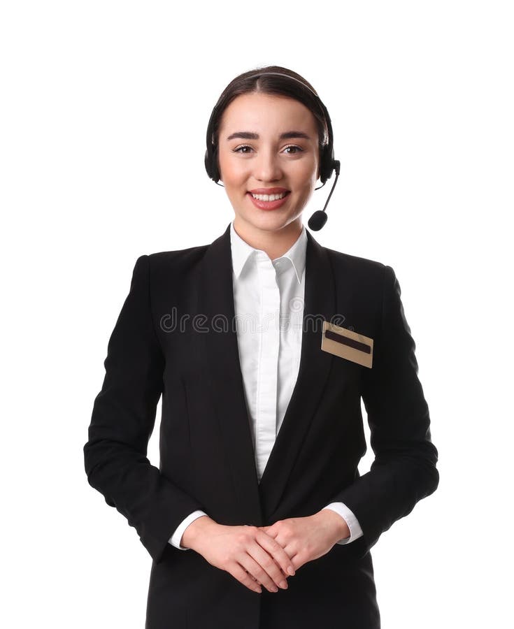 Portrait of Receptionist with Headset on White Background Stock Image ...