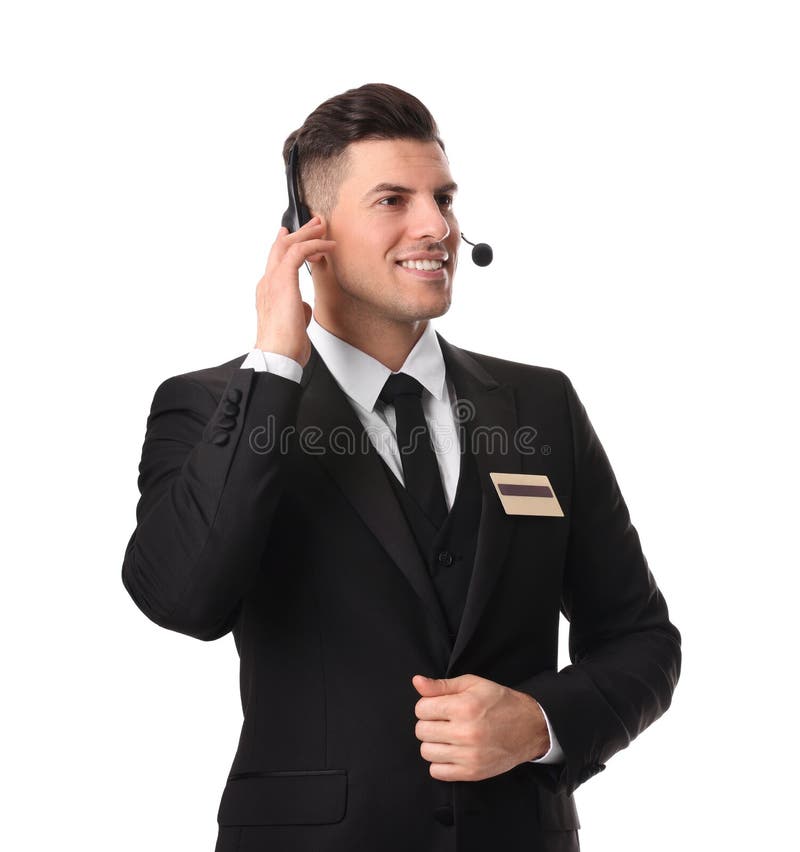 Portrait of Receptionist with Headset on White Background Stock Photo ...