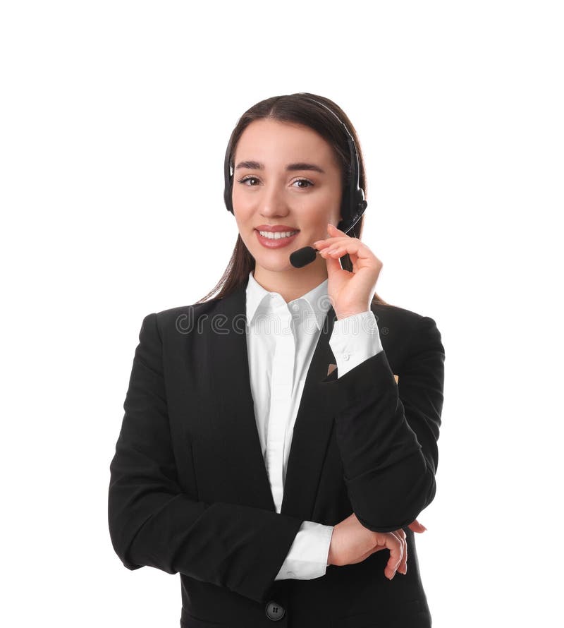 Portrait of Receptionist with Headset on White Background Stock Image ...