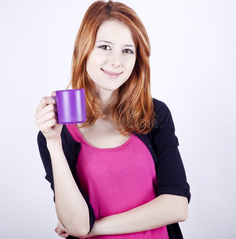 Portrait of Red-haired Girl with Cup. Stock Photo - Image of dress ...