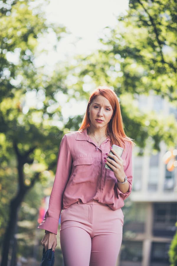 Portrait of Red Haired Woman on the Street. Stock Image - Image of ...