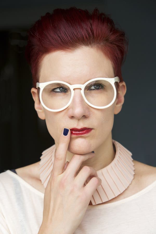 Portrait Of Red Haired Woman Thinking Stock Image Image Of Lipstick