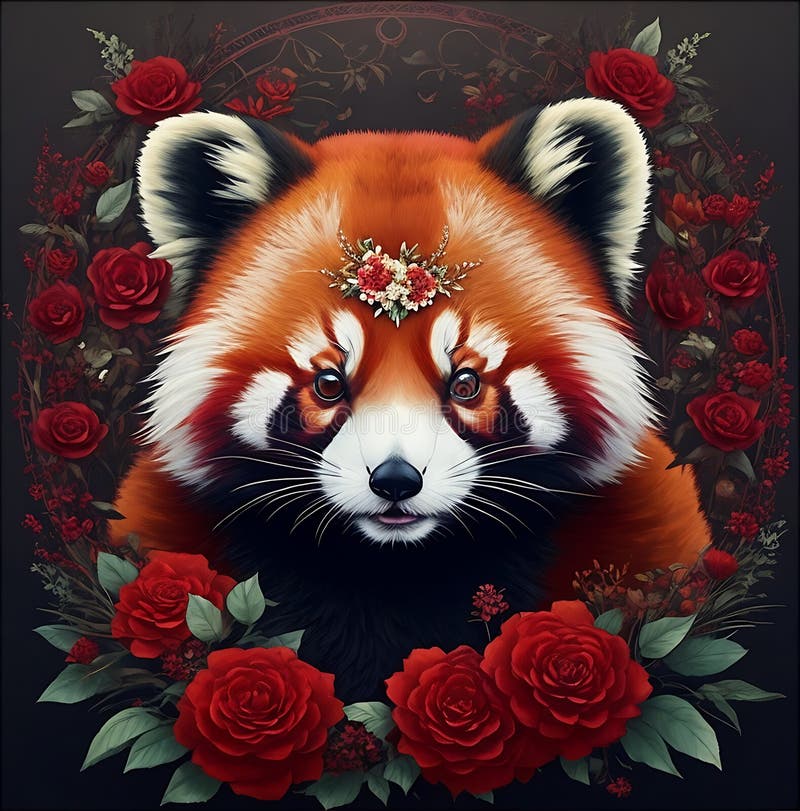 Portrait of a Red Panda Surrounded by Red Rose Flowers in Dark ...