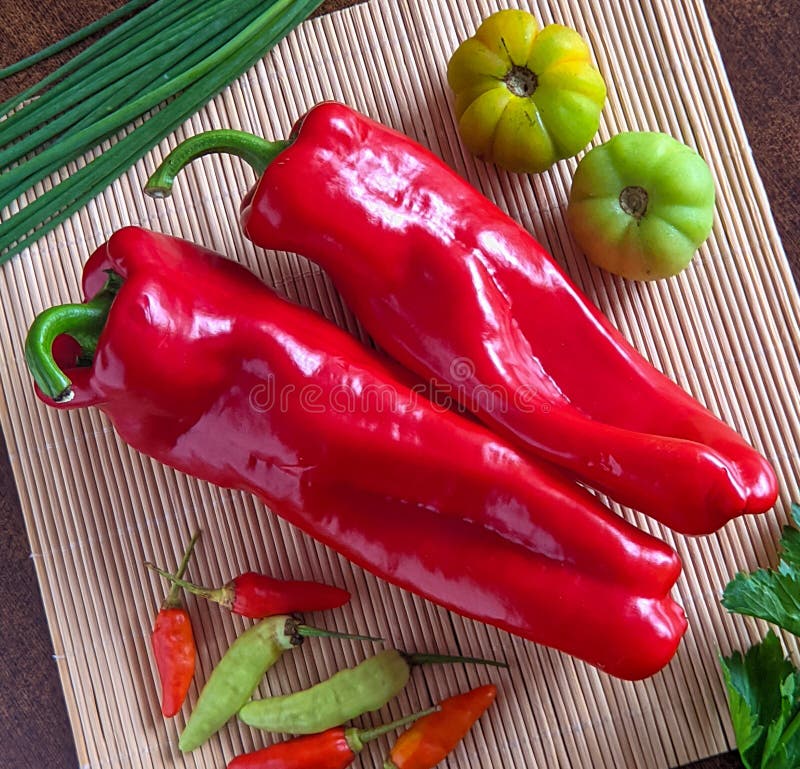 Portrait of Red Pepper, Leek, Celery and Tomatoes Arrange on the Bamboo ...