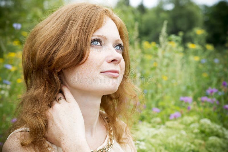 Portrait Of Redhead Girl With Blue Eyes On Nature Stock Image Image