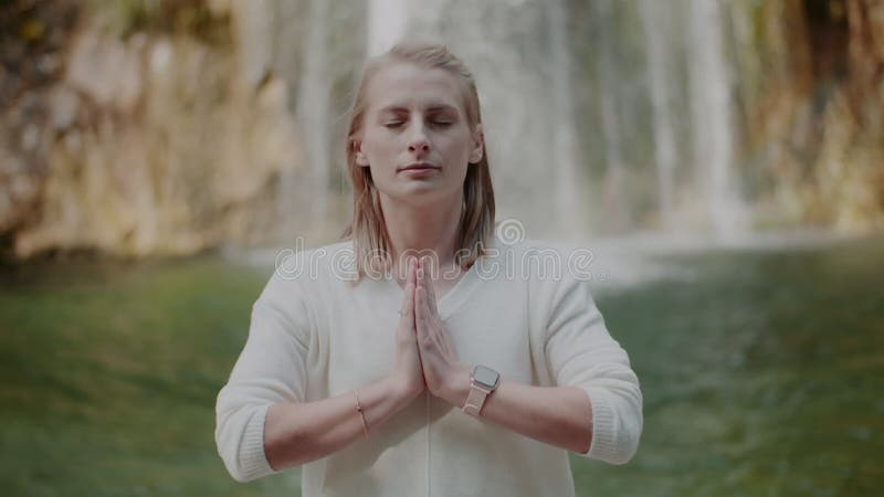 Portrait of Relaxed Woman by Waterfall in Mountains Stock Footage ...