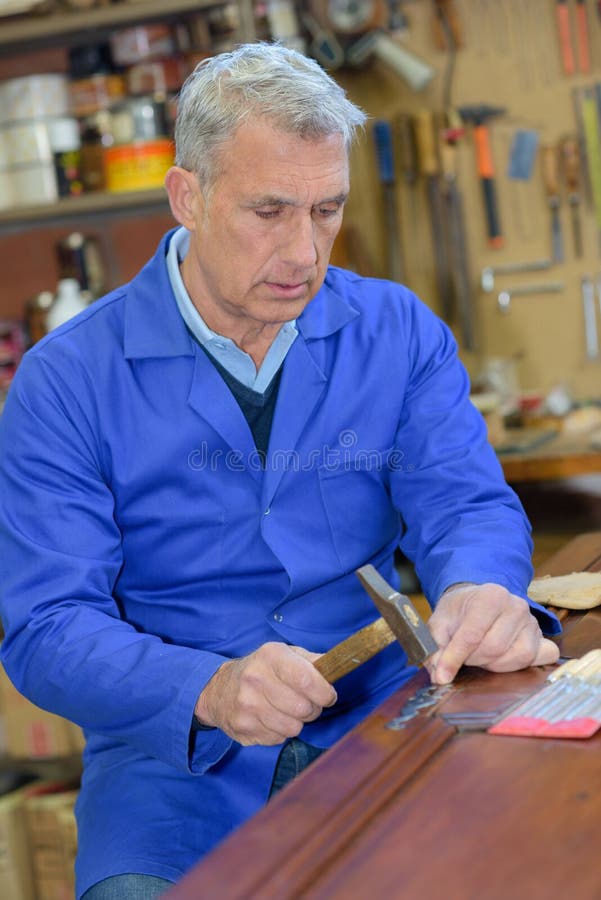 Portrait Retired Carpenter Sitting at Workshop Stock Image - Image of ...