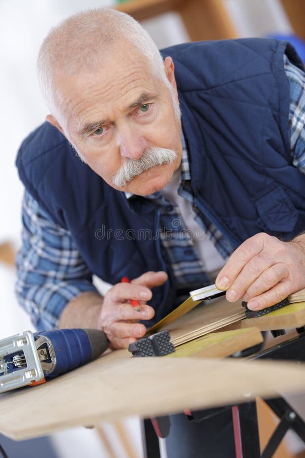 Portrait Retired Carpenter Sitting at Workshop Stock Photo - Image of ...