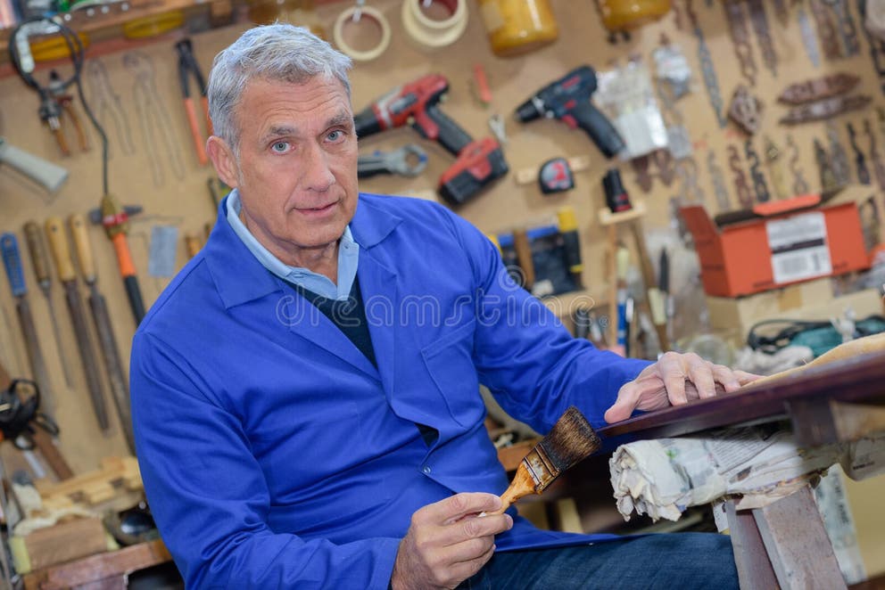 Portrait Retired Carpenter Sitting at Workshop Stock Photo - Image of ...