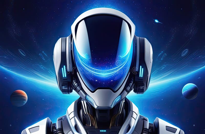 Portrait of a Robot from Another Galaxy and Flying Planets in Space in ...