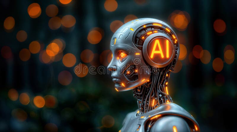 Portrait of a Robot with Glowing Eyes and Glowing Inscription AI on the ...