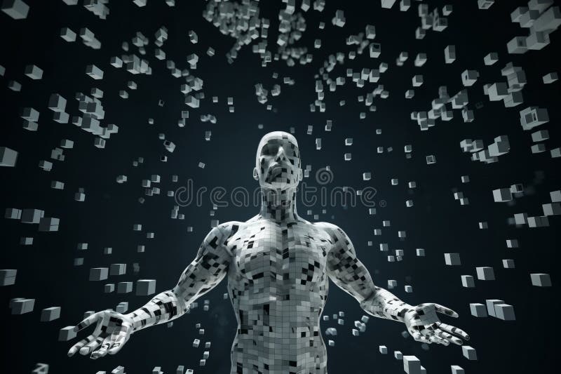 Portrait of a Robot with Human Body Made of Disintegrating Squares and ...