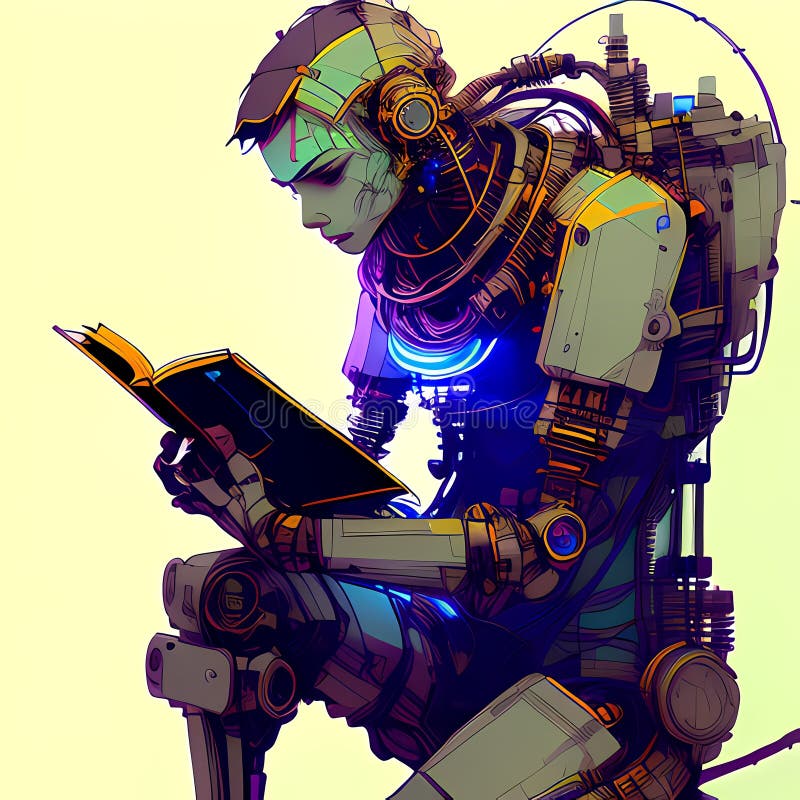 Portrait of Robot Reading Book. Modern Humanoid Cyborg with Book Stock ...