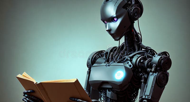 Portrait of Robot Reading Book. Modern Humanoid Cyborg with Book Stock ...