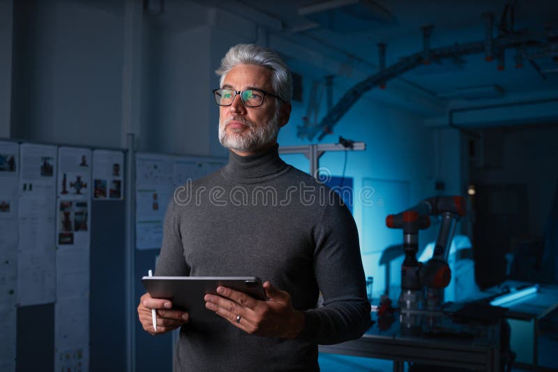 Portrait of Robotics Engineer Holding Tablet, Standing in Laboratory ...