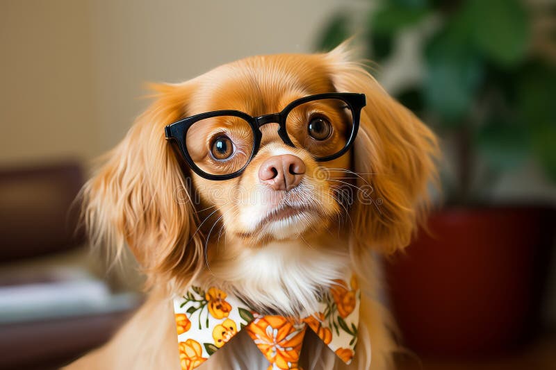 Portrait of a Ruby Cavalier King Charles Spaniel, Dog Wears a Glasses ...