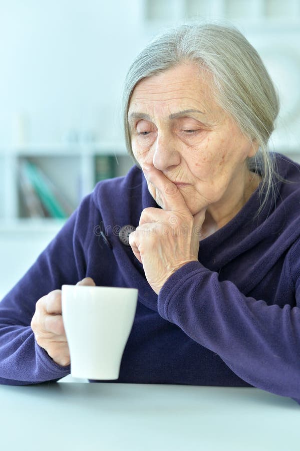 Portrait of a Sad Old Woman Drinking Tea Stock Image - Image of people ...